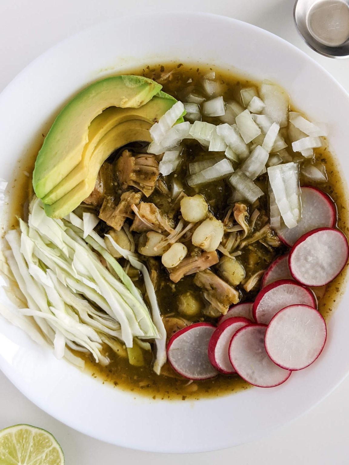 Vegan Pozole verde with young jackfruit - Plateful of veggies